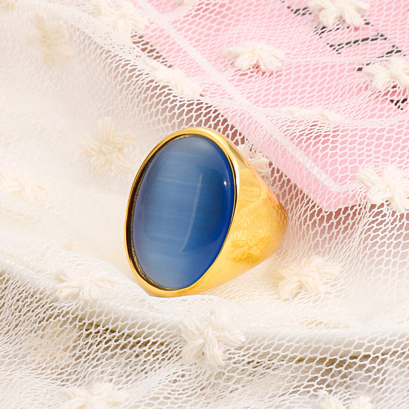 HIJONES Stainless Steel Big Oval Light Blue Cat Eye Stone Ring for Men Women Stainless Steel Wedding Promise Bands Gold Size 8