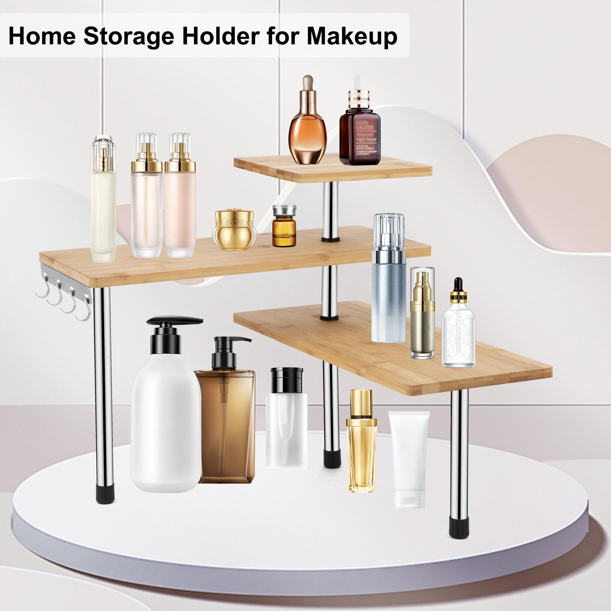 HYNAWIN 3 Tier Corner Shelf Bamboo & Metal Storage Spice Rack-Desk Bookshelf Display Shelves Space Saving Organizer -Adjustable Rack for Kitchen,Bedroom, Office-Creative Home Décor with Hooks
