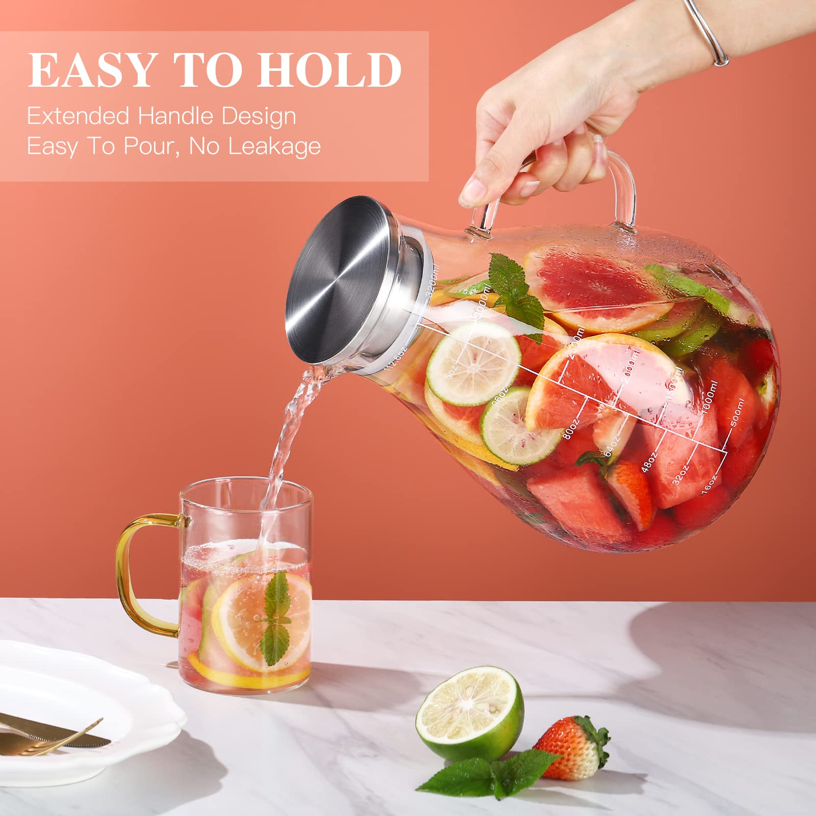 Glass Pitcher with Lid, 112.6OZ Upgrade Glass Water Pitcher with Precise Scale Line, 18/8 Stainless Steel Iced Tea Pitcher, HOUSALE Easy to Clean Heat Resistant Borosilicate Glass for Milk, Cold & Hot