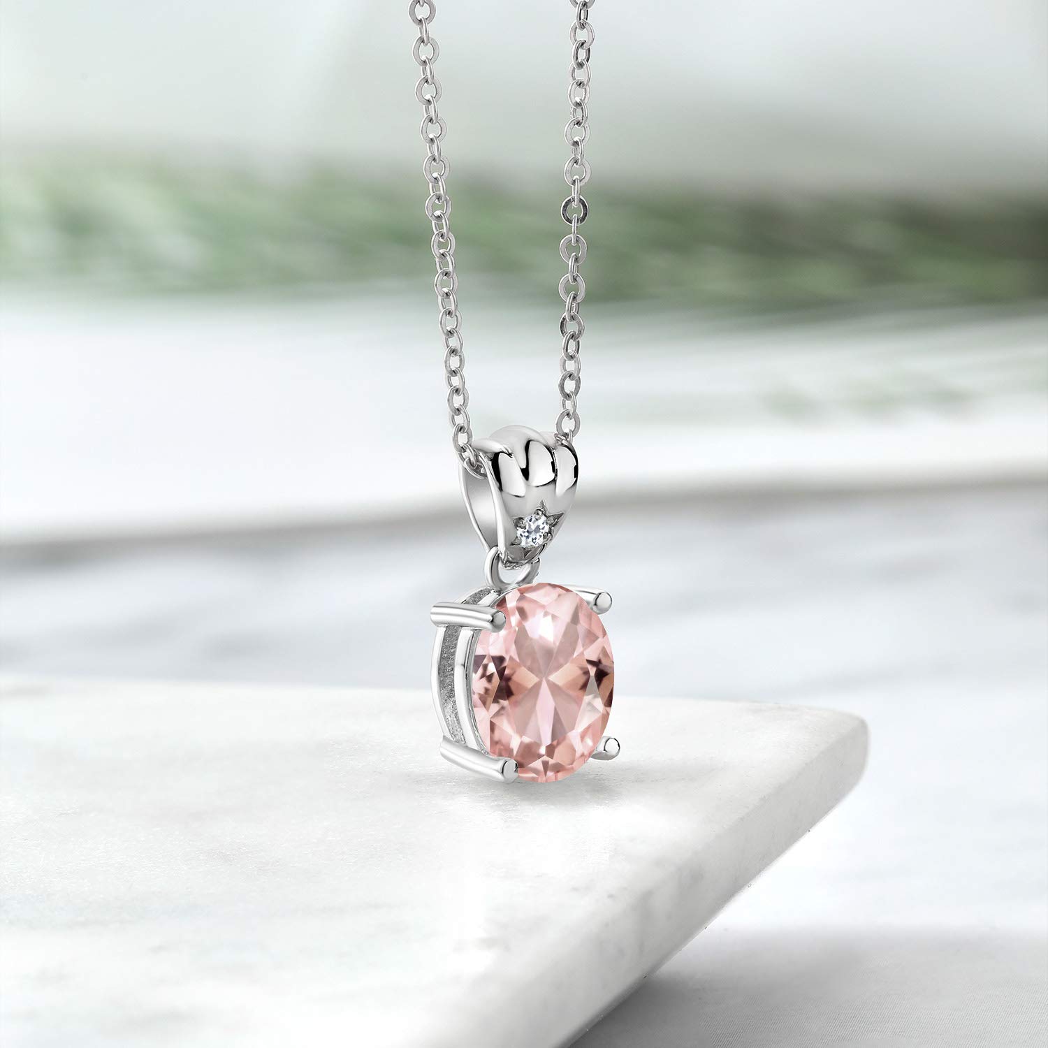 Gem Stone King 925 Sterling Silver Peach Simulated Morganite and White Topaz Pendant Necklace For Women (3.92 Cttw, Oval 11X9MM with 18 Inch Silver Chain)