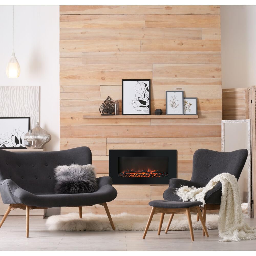 Hanover Fireside 30'' Black Wall Mounted Electric Fireplace with Driftwood Log Display and Realistic Flame, Modern Wall Fireplace Heater with Remote Control for Home, Living Room, Office