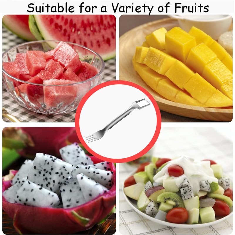Lmuwecno 2-in-1 Stainless Steel Fruit Cutter, Watermelon Slicer Cutter, Watermelon Fork Slicer Cutter Slicer Tool, Dual Head Fruit Forks Slicer Knife for Home Kitchen Gadget, Silver