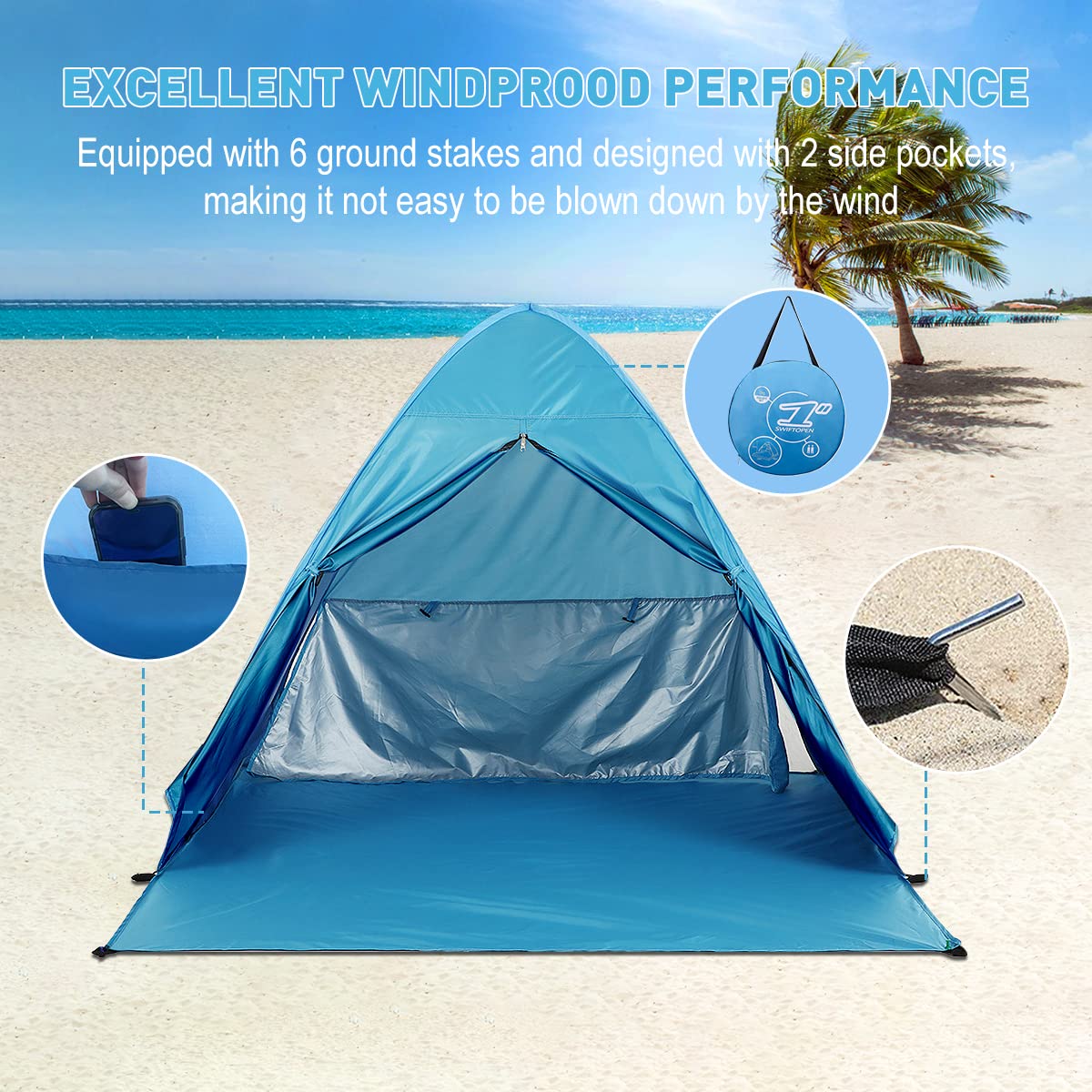 Hitish Beach Tent, Windproof & Portable Sun Shade Shelter for 3-4 Person with UPF 50+ UV Protection, Extended Floor & Roll Up Window, Easy Setup Beach Tent with Carry Bag, 6 Stakes for Camping Fishing