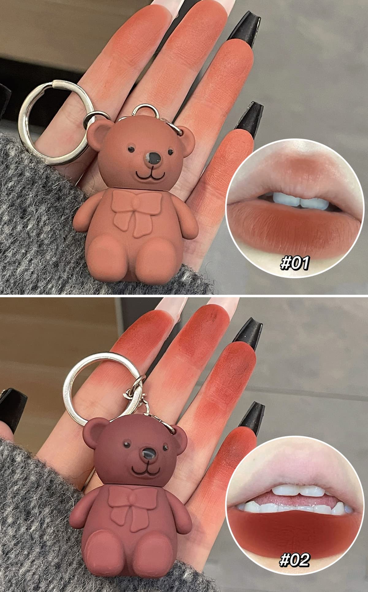 HYOIIO 2 in 1 Key Chain Bear Lipstick Mist Matte Velvet Lipgloss Moisturizing Lip Stain Waterproof Long Lasting Bear Lip Gloss with Keychain Cute Bear Beauty Makeup