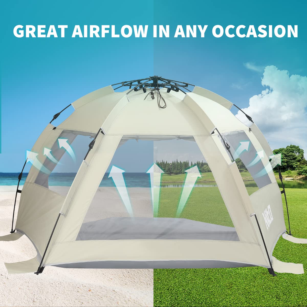 HITOSPORT Hitosport Beach Tent, Sun Shelter, Pop Up Shade, Easy Setup XL Sun Tent for 4 Person, Outdoors, Windproof, UPF 50+, Tent Stakes, G