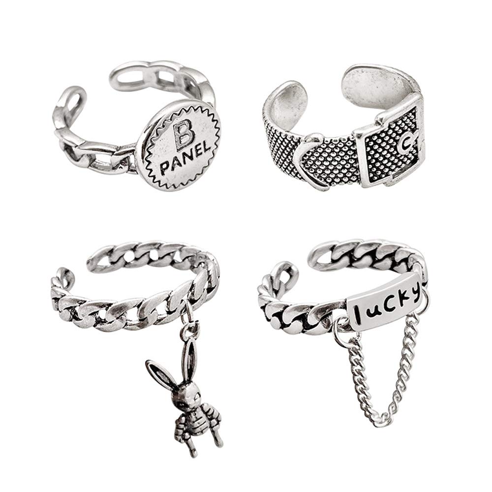 GulCean Adjustable Ring Set for Women Men Vintage Silver Stylish Cool Goth Kpop Hippie Anime Emo Lucky B Letter Rabbit Belt Buckle Charms Chain Rings Set Gift 4pcs (Vintage Silver)