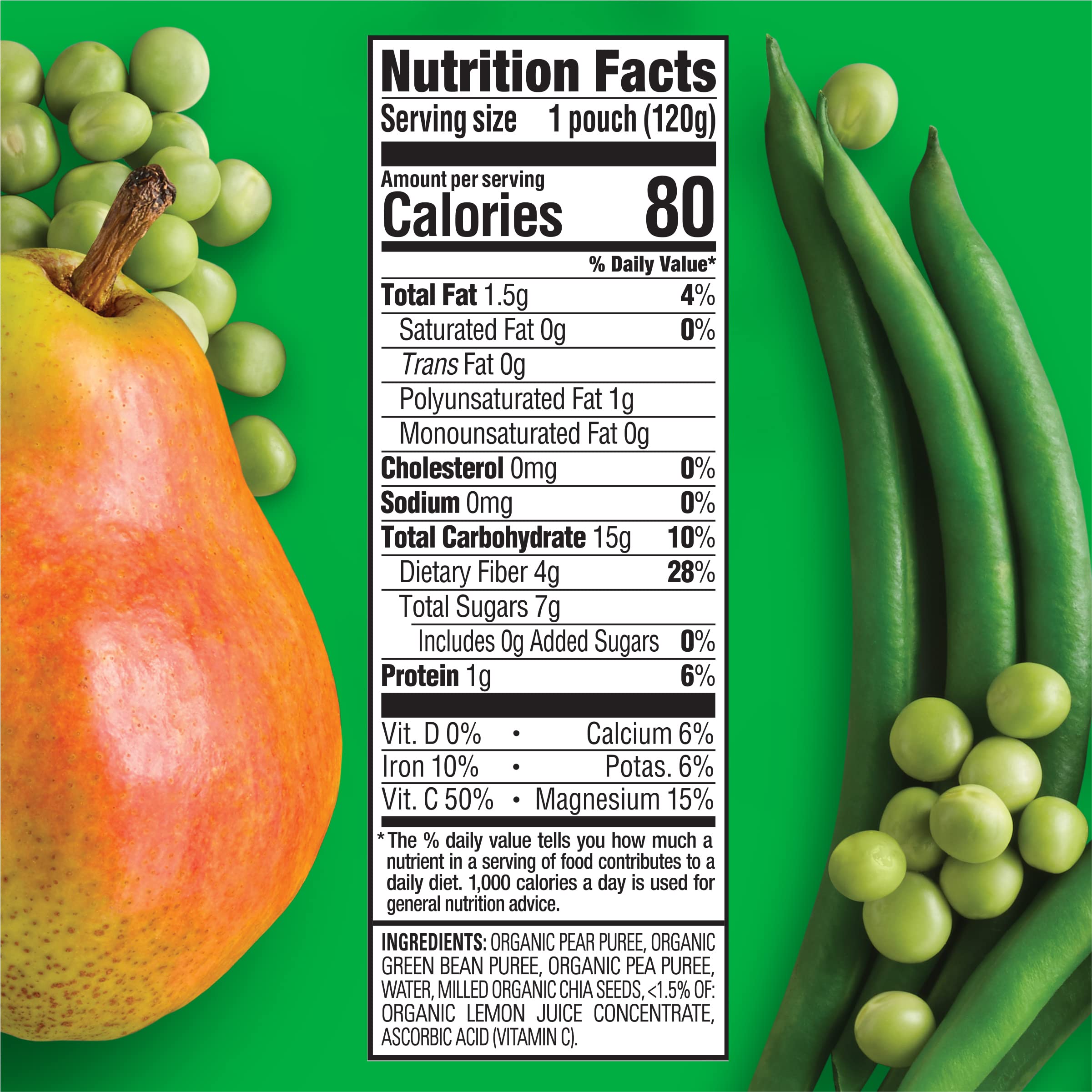 Happy Tot Organics Super Foods Stage 4, Pears, Peas & Green Beans + Super Chia, 4.22 Ounce Pouch (Pack of 16) packaging may vary