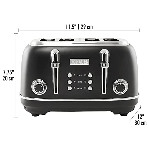 Haden Heritage 4-Slice Wide Slot Retro Toaster with Automatic Self-Center, Adjustable Settings, Reheat/Defrost, & Removable Crumb Tray, Black/Chrome