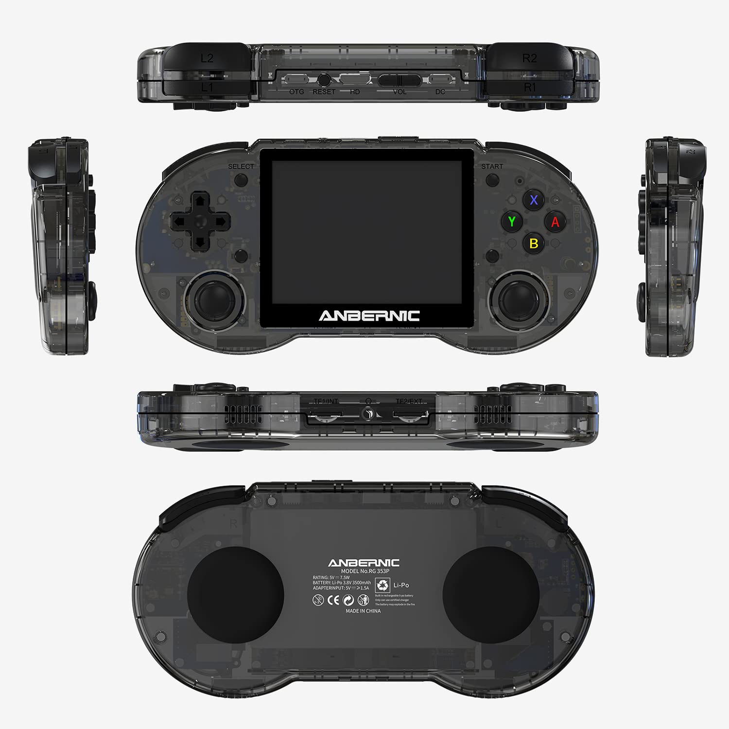 Niotima RG353P Handheld Android System Video Game Console,3.5 Inches Touch Screen, Android 11 OS,CPU RK3566, High Speed eMMC 5.1, 3500 mAh Battery, 2GB LPDDR4 RAM (Transparent Black/ 16GB+64GB)