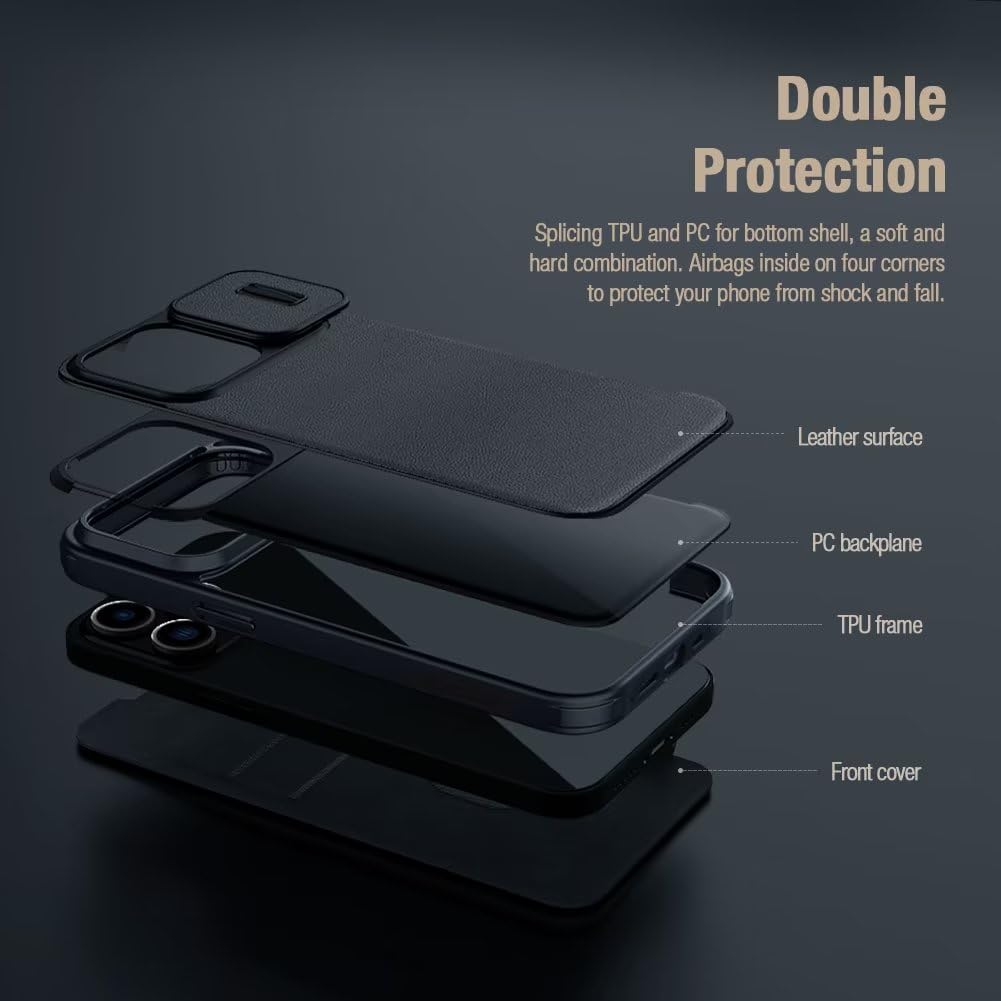 GOOVEN Flip leather case for iPhone 15 Pro Max [Compatible with Magsafe] Sliding camera cover Built-in card slot Impact-resistant slim business folio case，Green