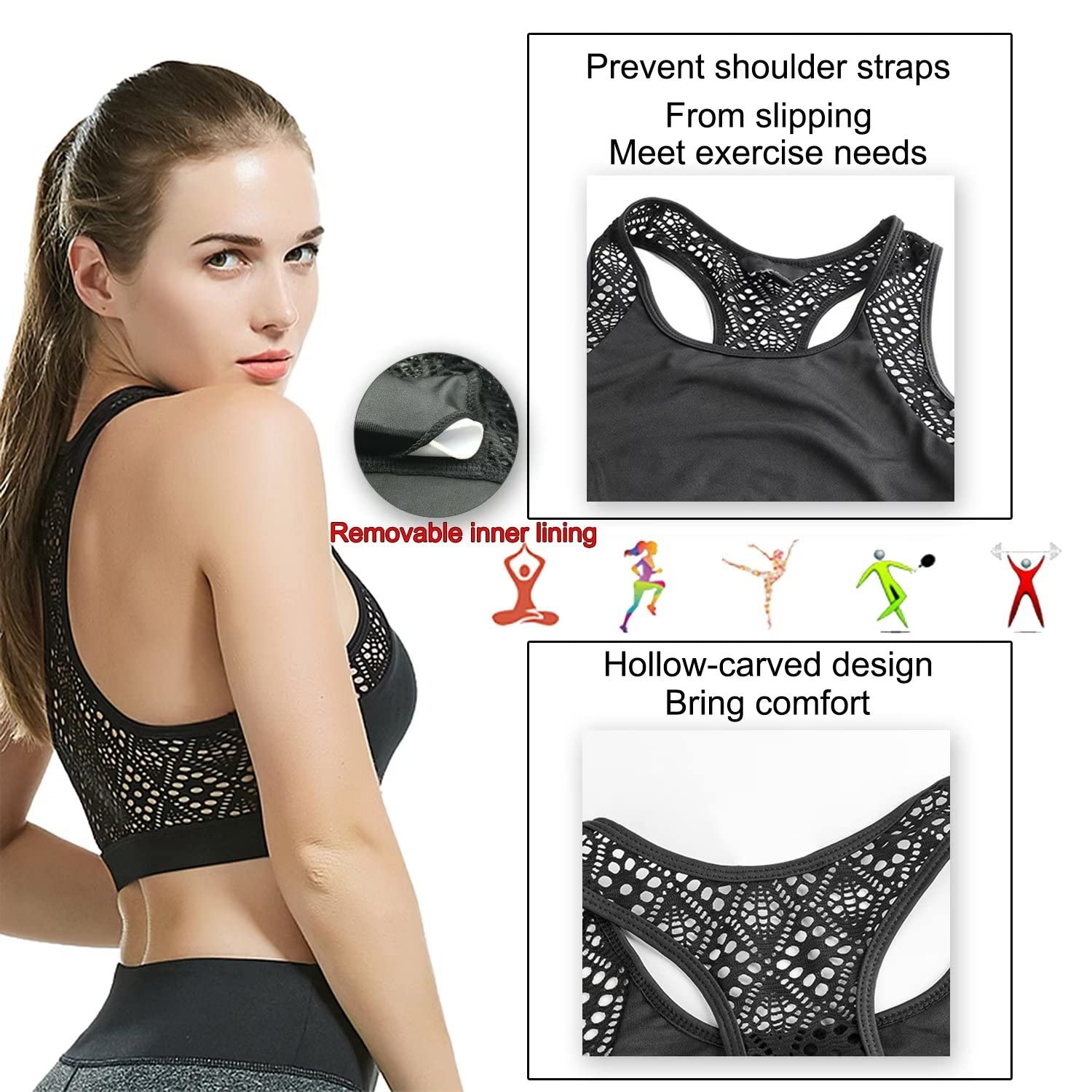 GruDawu Sports Bras for Women High Impact Medium Support Padded Seamless Comfortable Yoga Bra with Removable Cups MG002-Red-XL