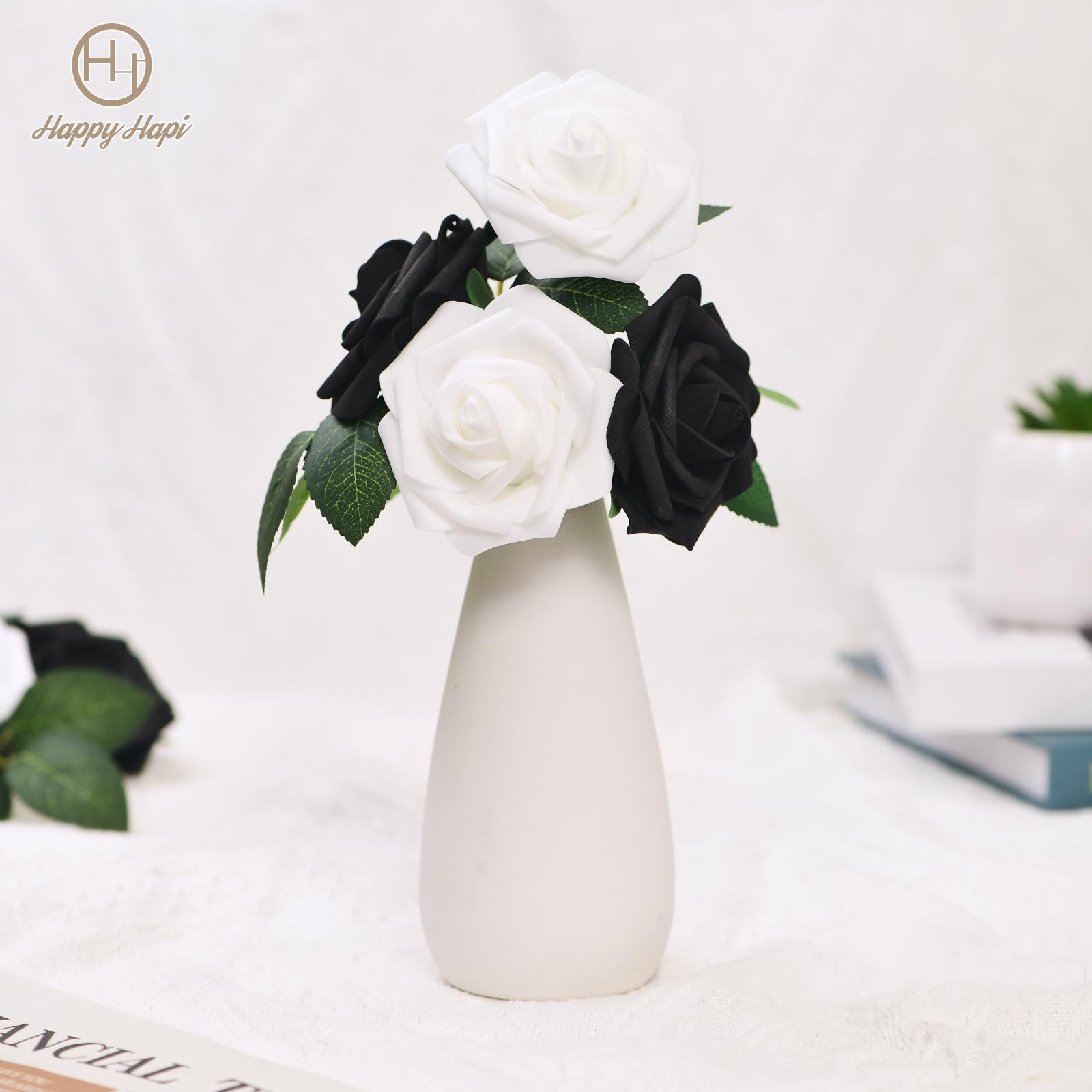 HappyHapi 40Pcs Artificial Flowers Roses Bulk Black&White Foam Fake Roses with Stems for Wedding, Bridal Shower Decorations Fake Flowers Centerpieces Tables Decorations