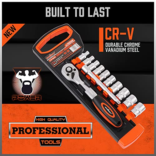 HORUSDY 12-Pieces 1/4β Ratchet Socket Wrench Set, Drive Socket Set, 4mm -13mm Sockets and, Quick Released Ratchet Handle and 10 cm Extension Bar