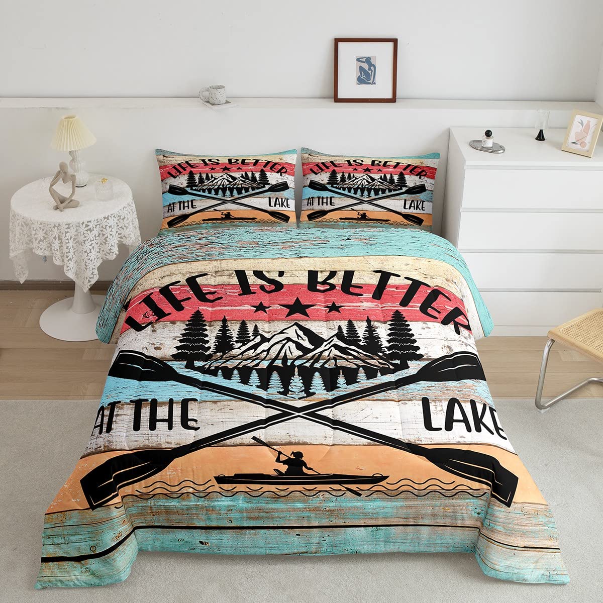 Homewish Lake Boating Comforter Set Twin Size Rustic Farmhouse Wooden Barn Bedding Set 2pcs for Boys Girls Teens Bedroom Decor Outdoor Camping Quilted Duvet Vintage Colorful Duvet Insert,1 Pillowcase