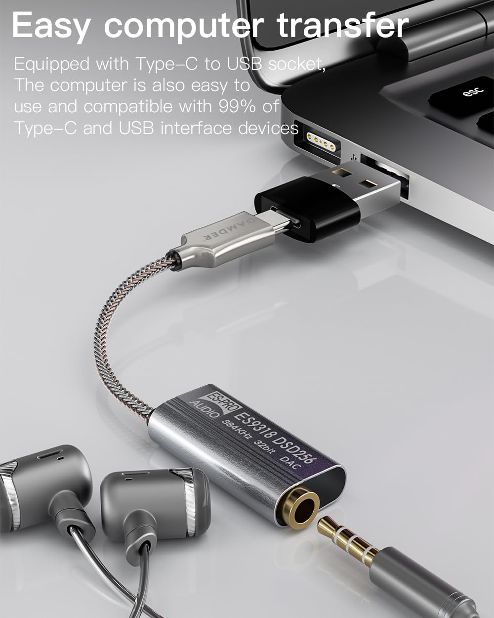 GAMDER USB Type C to 3.5mm DSD256 Hi-Fi Audio Chip Decoder 32bit 384kHz Headphone Amplifier Adapter DAC for Android Phone Mac Windows 10 (ES9318 Chip)