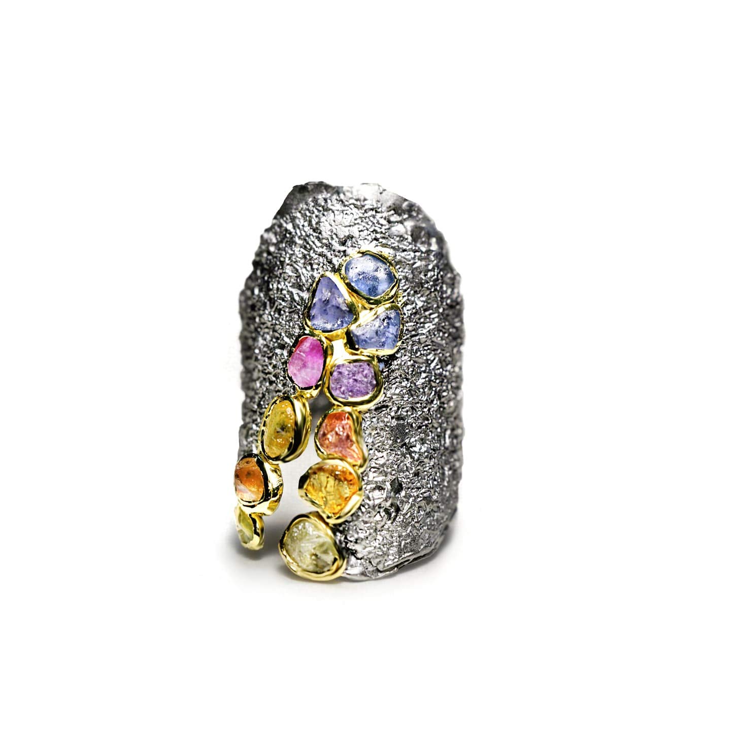 german kabirski 6.5 Carat Rough Sapphire Mixed Multicolor Handmade Ring in 925 Sterling Silver Plated with Gold and Black Rhodium Size 8.5