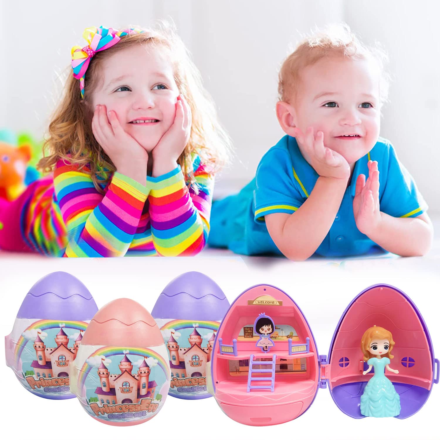 Holydeck 4 Pack Jumbo Princess Prefilled Eggs with Educational Toys Inside for Kids Girls Party Favors Easter Basket Fillers