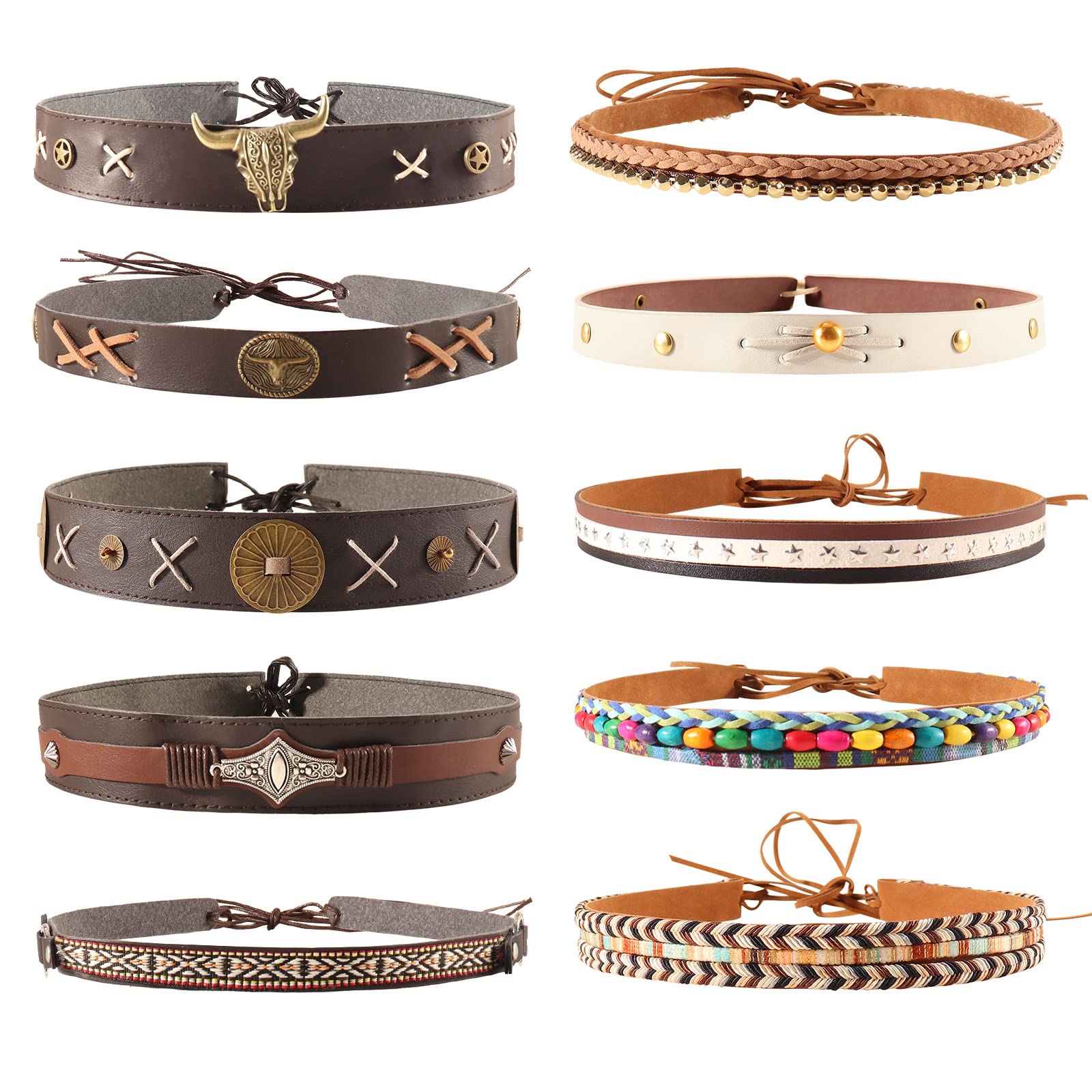 Homiton 10Pcs Cowboy Hat Band Replacement Handmade Ethnic Western Hat Belts for Straw Felt Fedora Panama Hats (10PCS Multicolor)