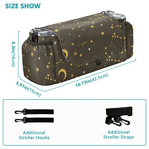 Kigai Star Moon Constellations Baby Stroller Organizer with Cup Holders, Secure Hooks Accessories Adjustable Strap Stroller Bag for Bottle, Diaper, Phone, Toys, Baby Items
