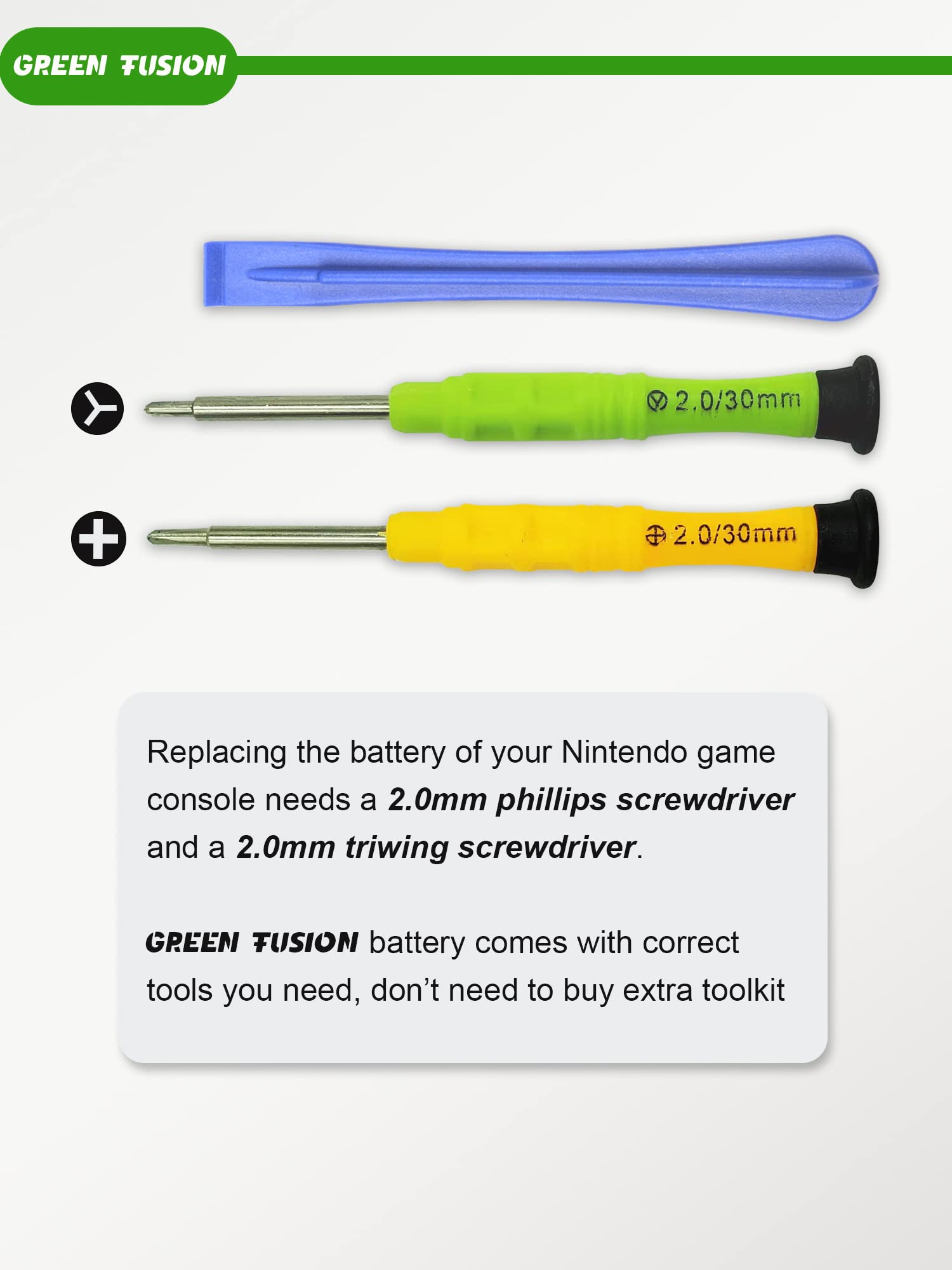 GREEN FUSION Upgrade 3DS & 2DS/2DS XL Battery Replacement (Not for New 3DS), CTR-003 Battery for Nintendo 2DS/2DS XL & 3DS 2000mAh, 3.7V with Repair Toolkit, Installation Guide