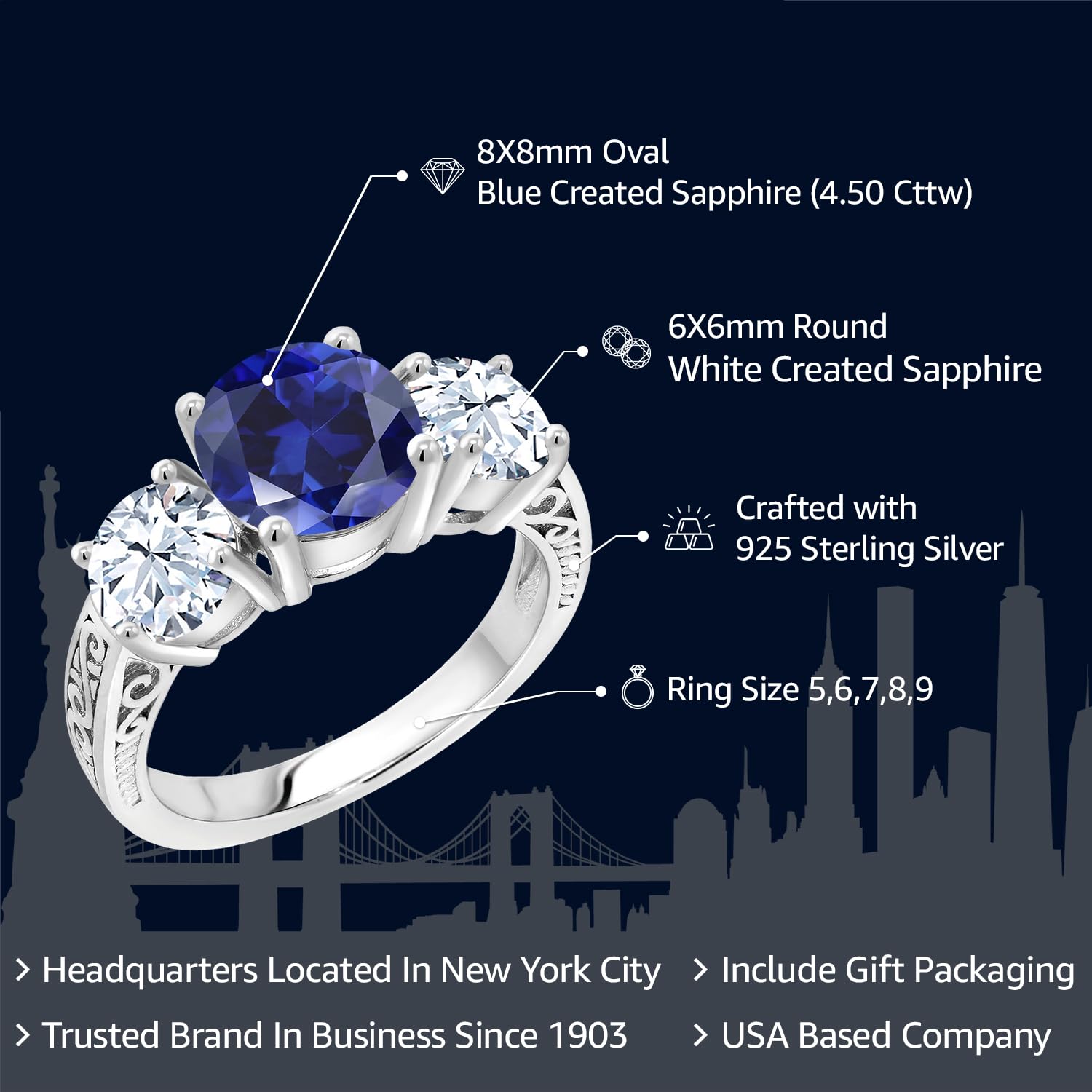 Gem Stone King 4.50 Cttw Blue Created Sapphire and White Created Sapphire 3-Stone Ring For Women In 925 Sterling Silver | Round 8MM and 6MM | Available in size 5, 6, 7, 8, 9