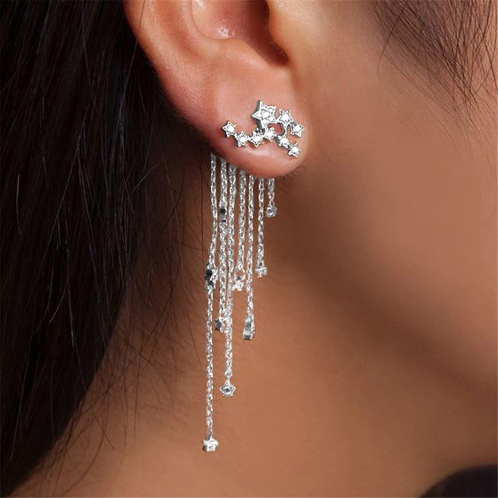 Girlssory Shining Stars Tassel Earrings Hanging Exquisite Earrings for Women (Silver)