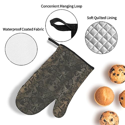 Gothic Wallpaper Skull Printed Oven Mitt and Pot Holders Set of 3 Non-Slip Cooking Gloves Heat Resistant Hot Pads for Kitchen BBQ Baking