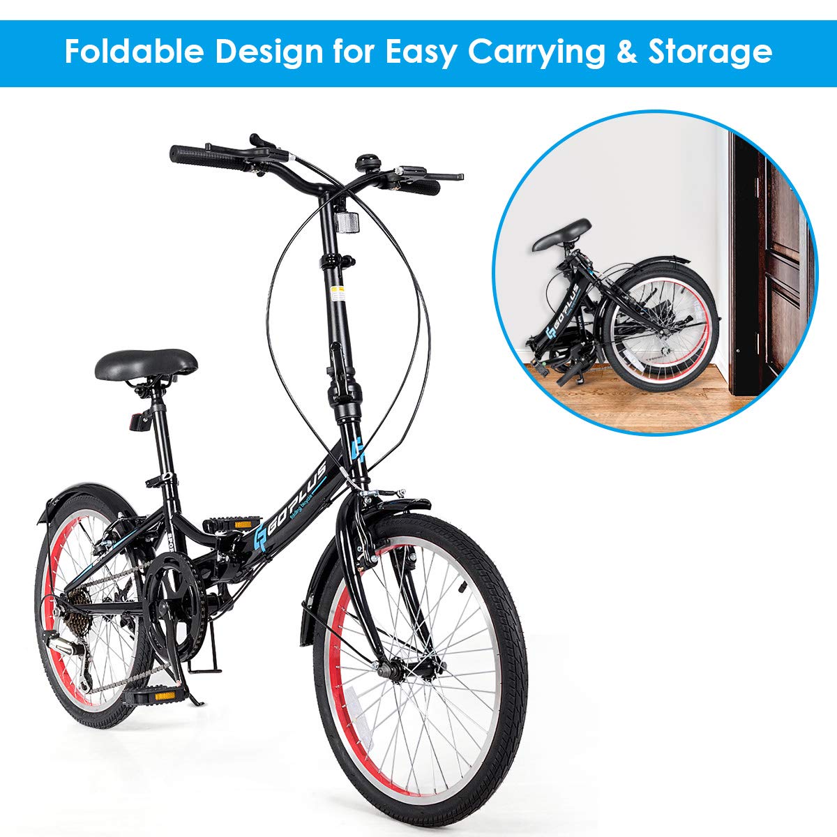 Goplus 20'' Folding Bike, 7 Speed Shimano Gears, Lightweight Iron Frame, Foldable Compact Bicycle with Anti-Skid and Wear-Resistant Tire for Adults (U-Shape Crossbar)