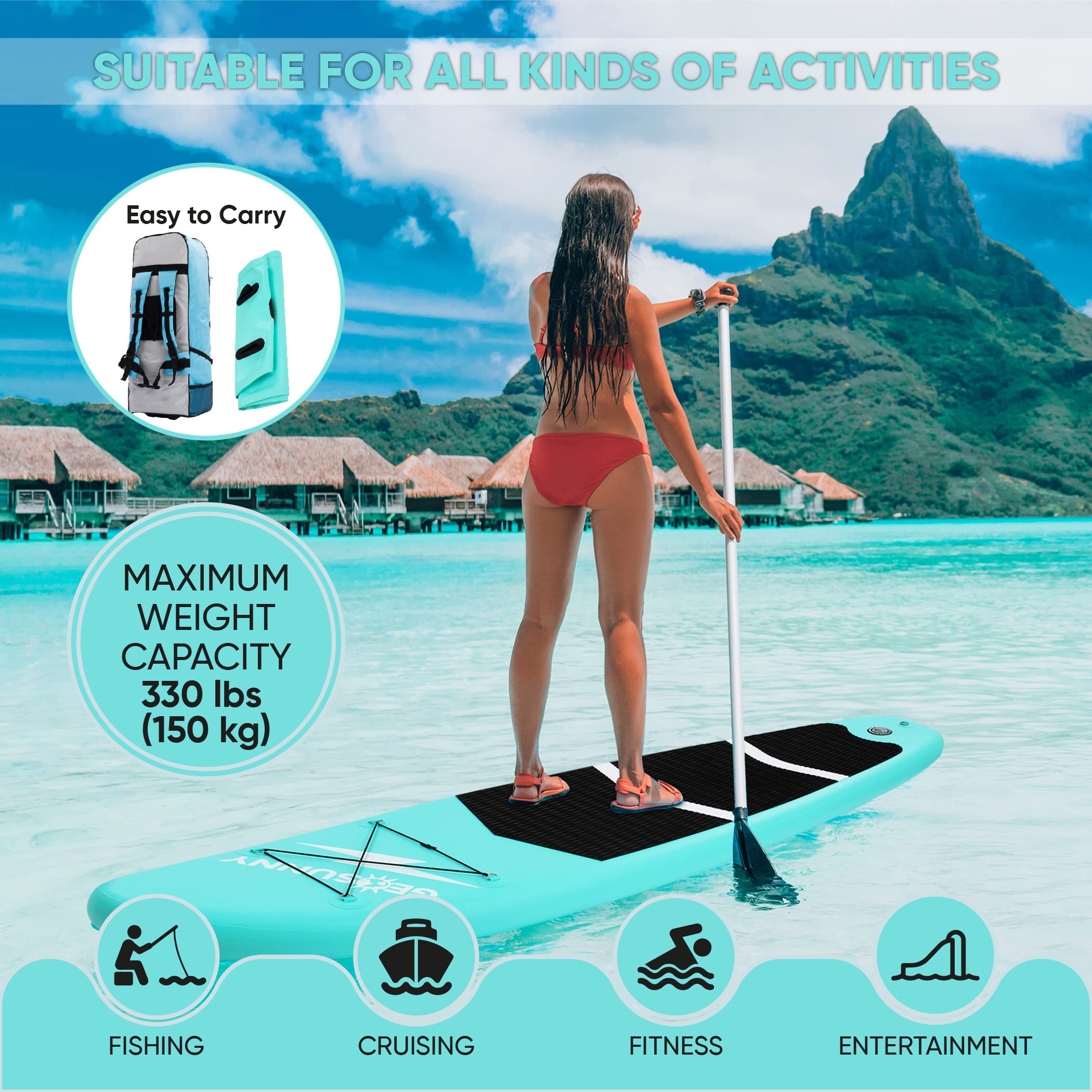 GEOSUNNY Inflatable Paddle Board-10ft. 32"x6" for Kayak, Surfing, Paddleboarding- Non-Slip Deck, 3 Fins -with Hand Pump, Paddle, Backpack, Repair Kit, Leash, Removable Fin, Accessories, Blue & Black