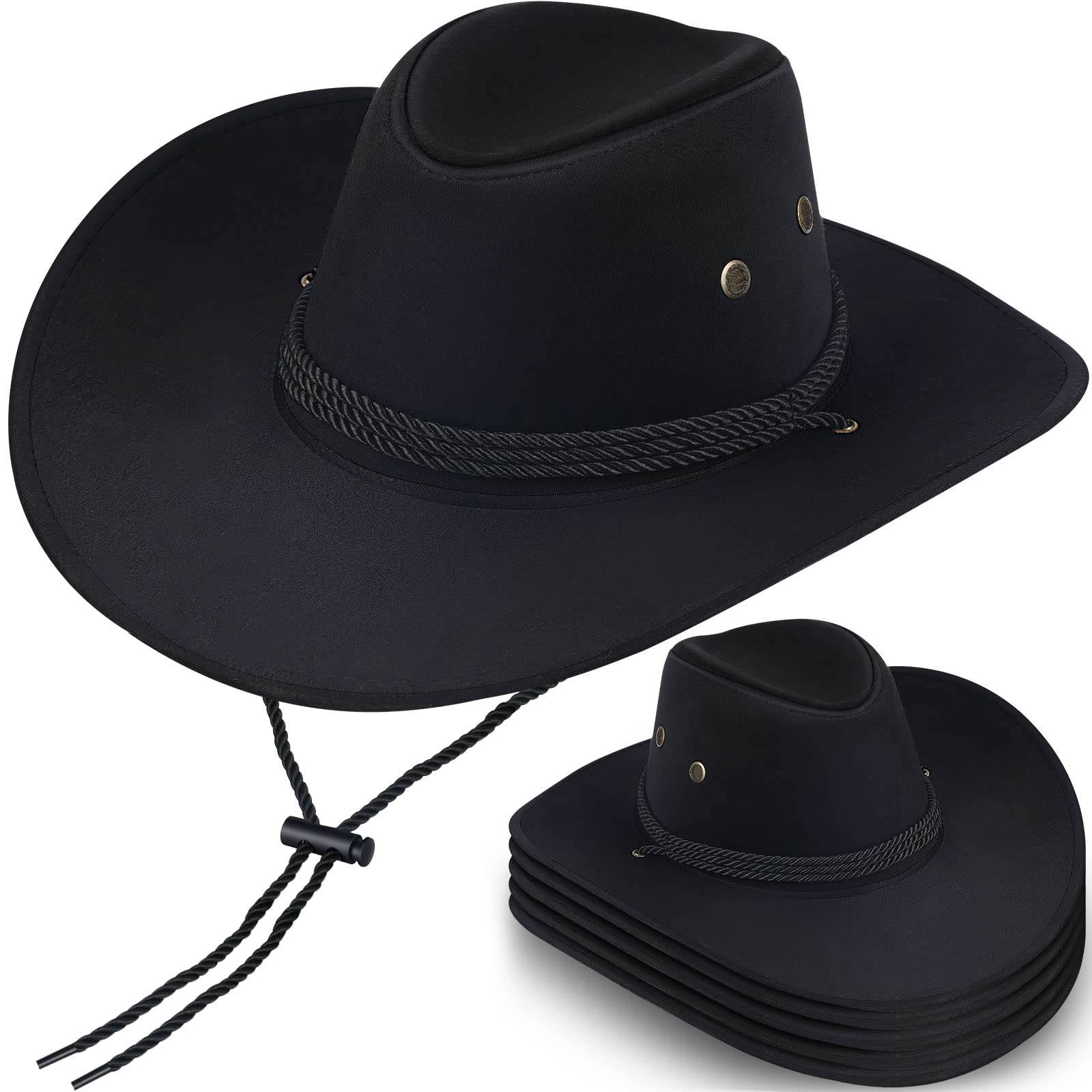 Janmercy 6 Pack Bulk Cowboy Hats Western Cowboy Hat Plain Cowboy Hat with Adjustable Drawstring for Wedding Stage Performance (Fresh Black)