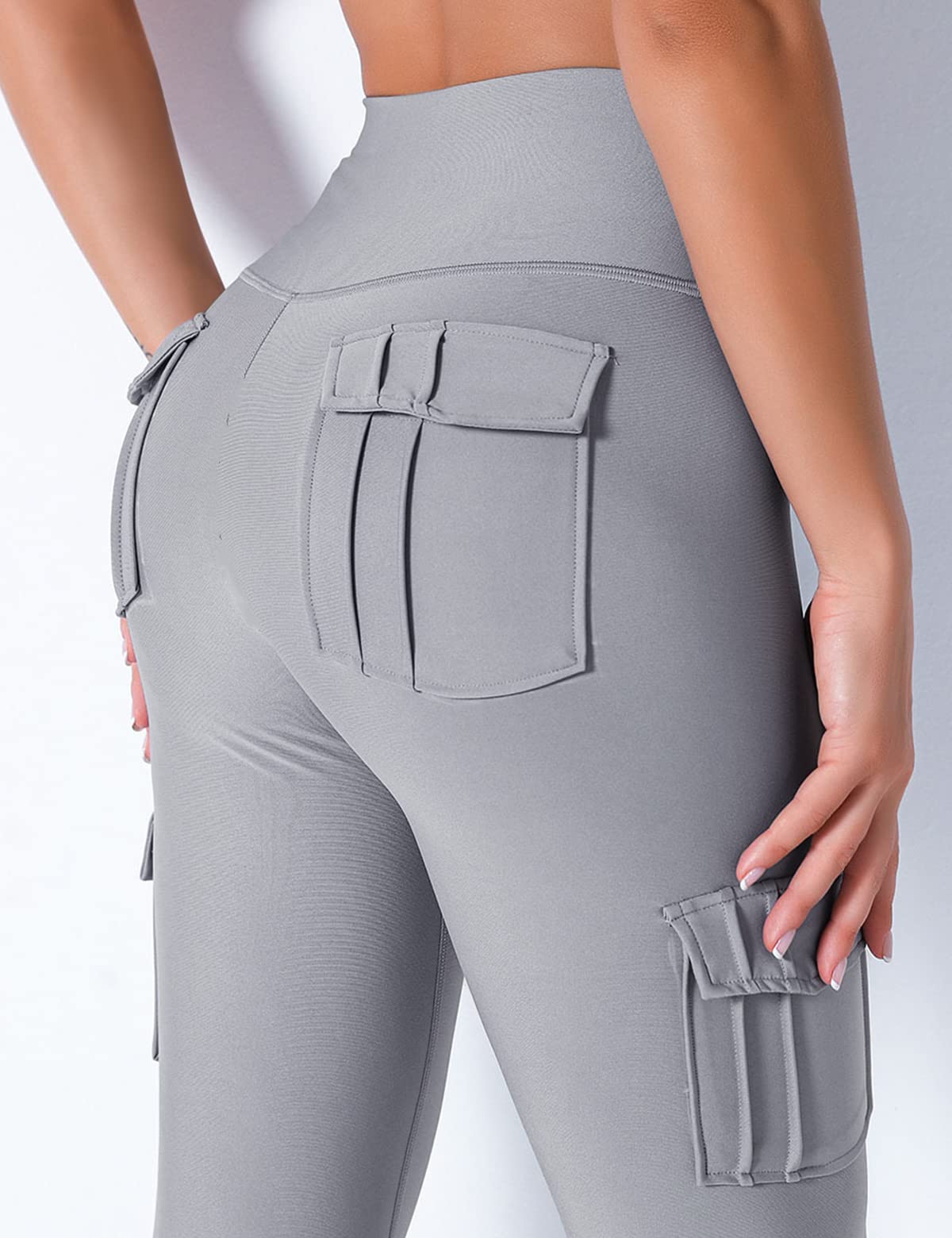 houstil Women's Yoga Pants with Pockets High Waisted Tummy Control Stretch Workout Leggings Light Grey XL