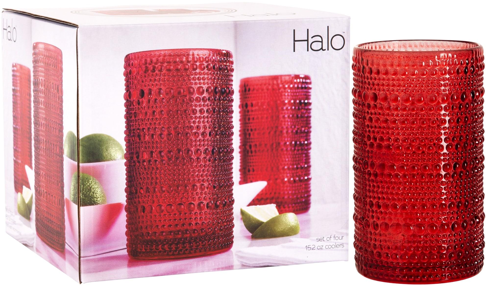 Glaver's Hobnail Drinking Glasses Set of 4 Red Vintage Glassware. 15 Oz. Everyday and Holiday Dinner Beaded Drinking Glasses for Water, Juice, Cocktail.