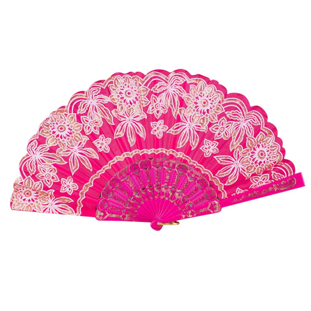 Hand Style Fan Wedding Chinese/Spanish Held Flower Dance Lace Silk Folding Party Tools & Home Improvement Happy Birthday Package for Men and (Hot Pink, One Size)
