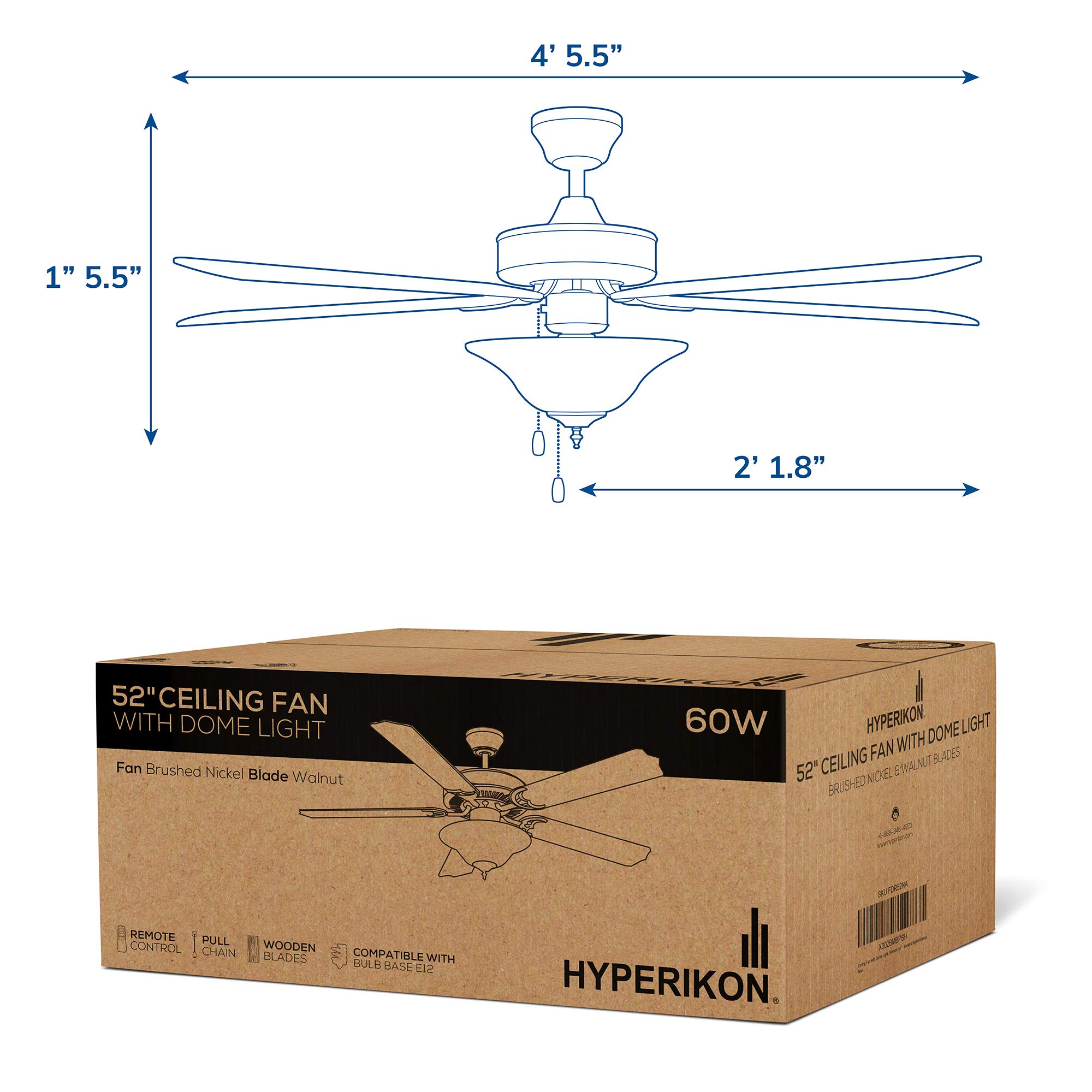 Hyperikon 52 Inch Ceiling Fan, 60W, Remote Control and Pull Chain, Brushed Nickel Body, 5 Blades, Frosted Dome Light, Walnut