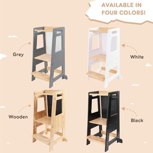 HARPPA Toddler Kitchen Stools Helper with Adjustable Height and Anti-Slip Protection, Kids Standing Tower with Safety Rail, Toddlers Step Stool with Learning Chalkboard Gray
