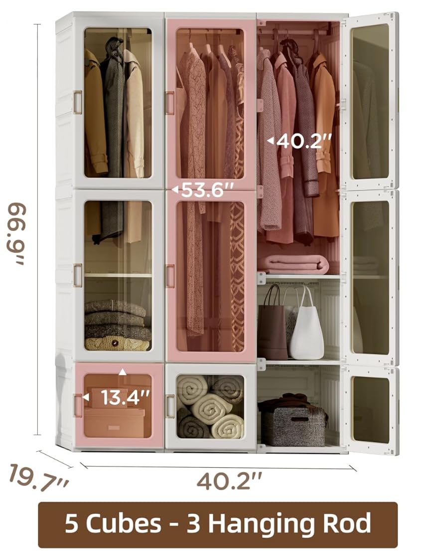 HAIS Portable Wardrobe Closet Storage Organizer Large Capacity 20" Deep Portable Plastic Closet Armoire (5 Cubes-3 Hanging Rods) Collapsible Foldable Organizer Cloakroom Wardrobe Magnetic Doors