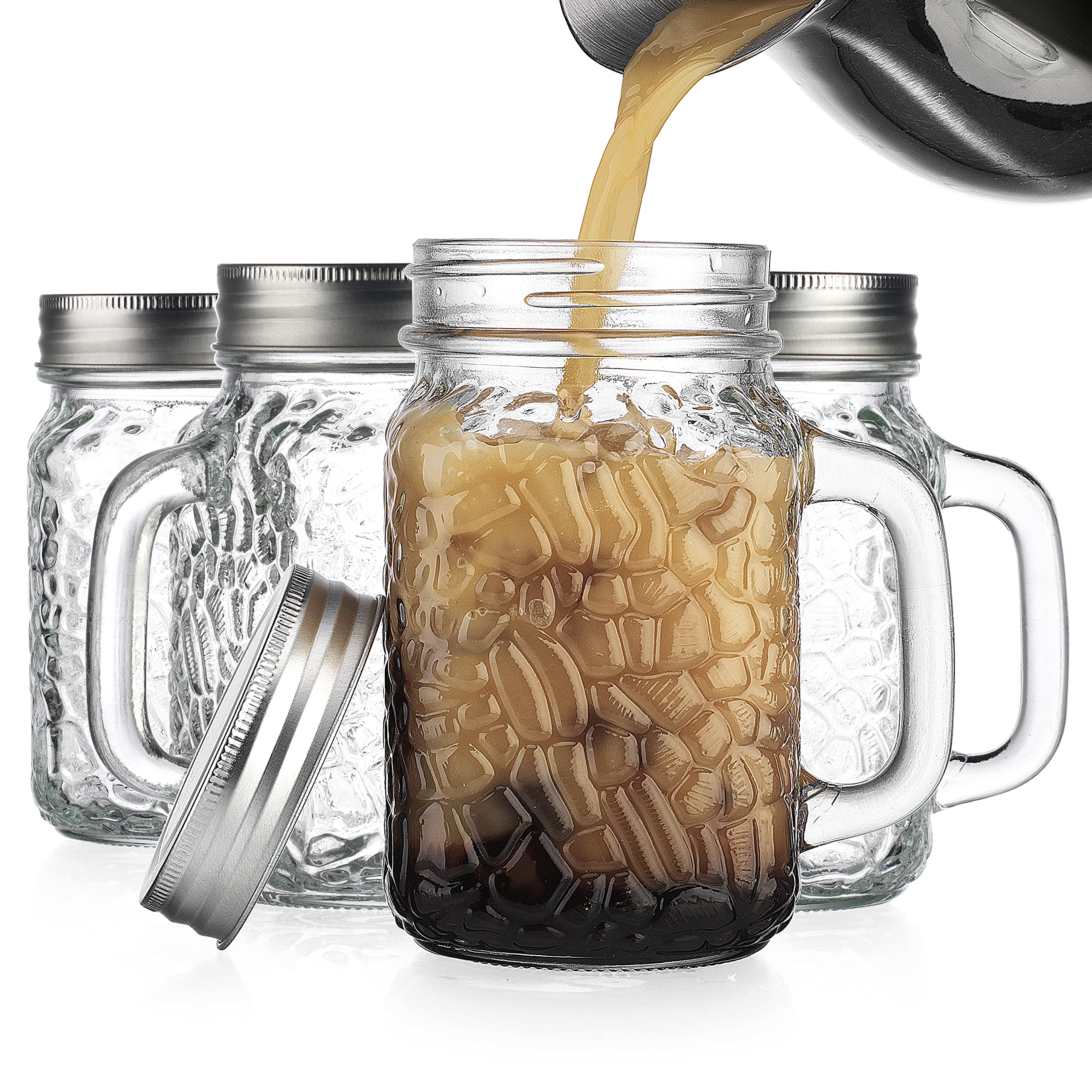 Glaver's Mason Jar Cups 16Oz β Set of 4 Mason Jars with Lids and Handles β Hammered Style Large Mason Cups for Parties, Dinner, Home, Lemonade, Smoothies, Cocktails, Drinks - Dishwasher Safe.
