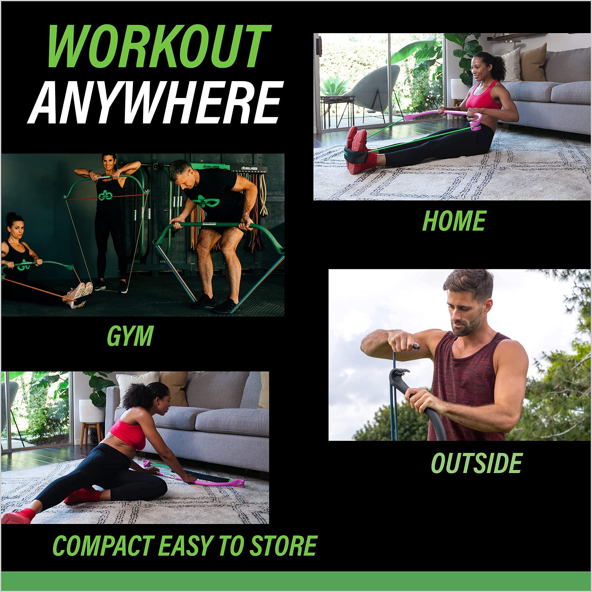 Gorilla Bow Portable Home Gym Resistance Bands and Bar System for Travel, Fitness, Weightlifting and Exercise Kit, Full Body Workout Equipment Set (Travel Bow, Black, Base Bundle)