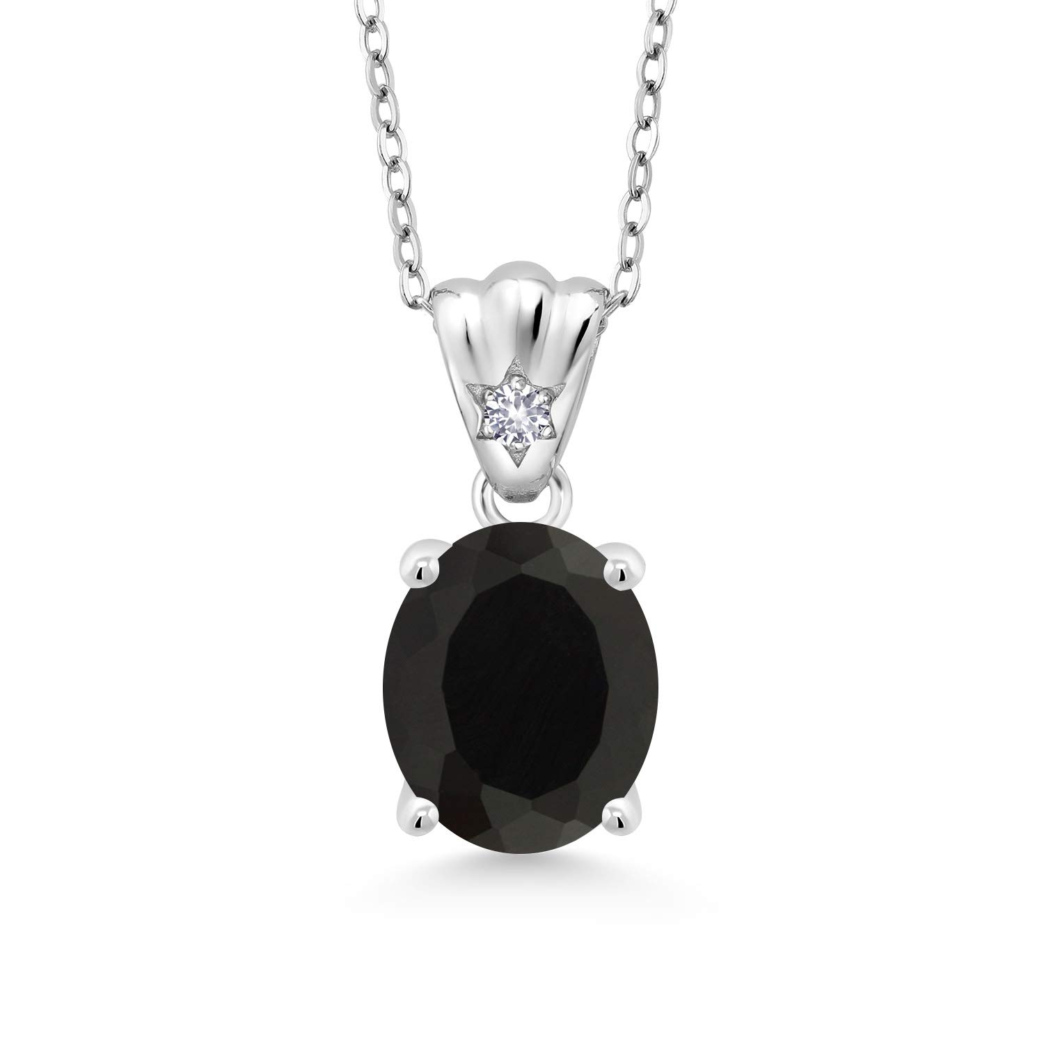 Gem Stone King 925 Sterling Silver Black Onyx and White Created Sapphire Pendant Necklace For Women (3.04 Cttw, Oval 11X9MM, with 18 Inch Silver Chain)