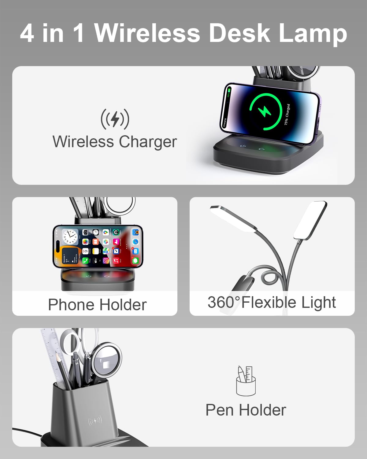 GOLSPARK Desk Lamp with Wireless Charger, LED Desk Lamp for Home Office 3 Color Modes CRI90+ Eye-Caring Reading Light with Pen Holder, Dimmable Gooseneck Touch Control Table Lamp for College Dorm Room