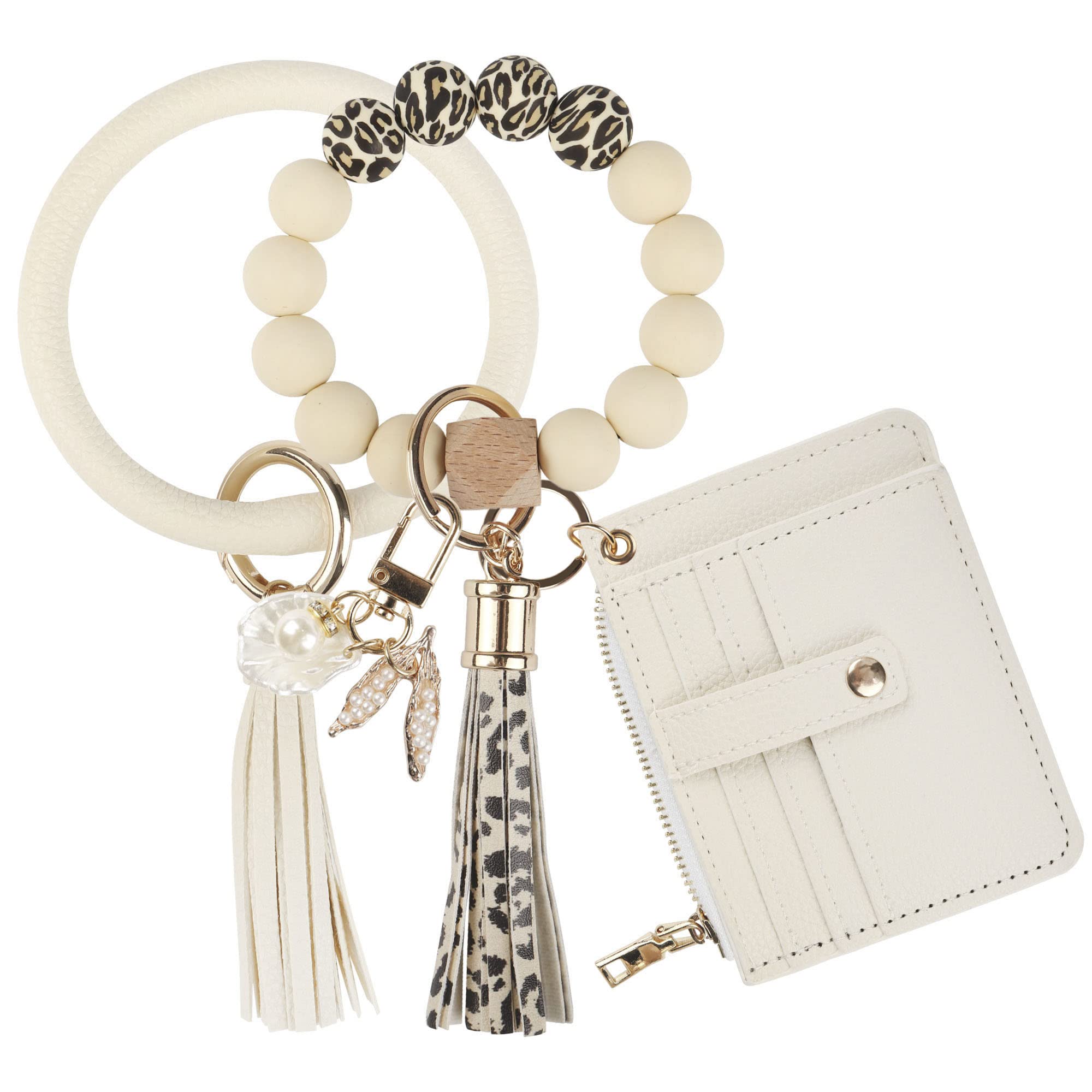 Guran Silicone Beaded Key Ring Bracelet Wallet with Card Holder, Purse Tassel Elastic Keychain Wristlet, Keyring Bangle for Womens (White)