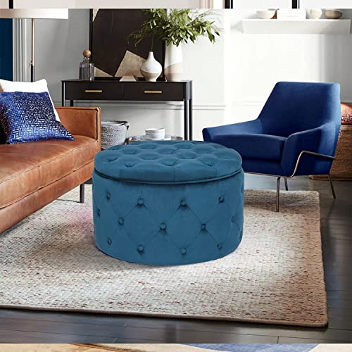Homebeez Round Velvet Storage Ottoman, Button Tufted Footrest Stool Coffee Table for Living Room,24.8" L x 24.8" W x 15.4" H,Navy Blue