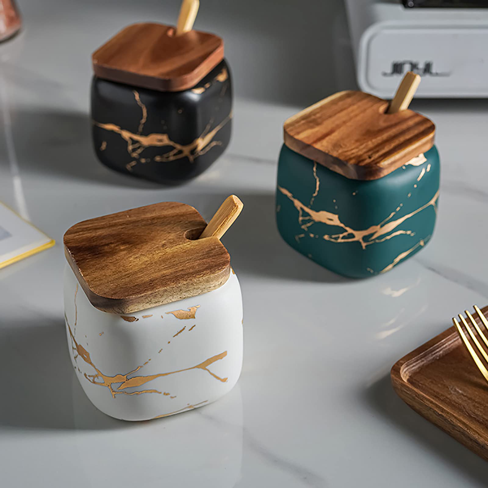 JFFLYIT 2 Sets of Marble Ceramic Sugar Bowl Ceramic Seasoning Jars with Wooden Lid and Wooden Spoon(Black)