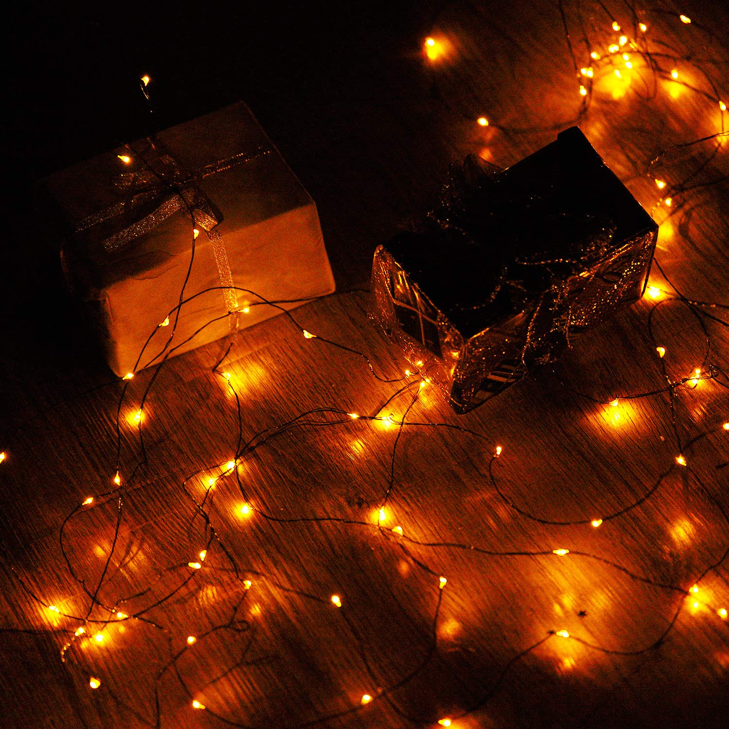 Halloween Yellow Starry Lights,33ft 100 LED Waterproof Silver Wire String Orange Light with USB and 8 Modes Remote Control Time for Halloween Christmas Decor