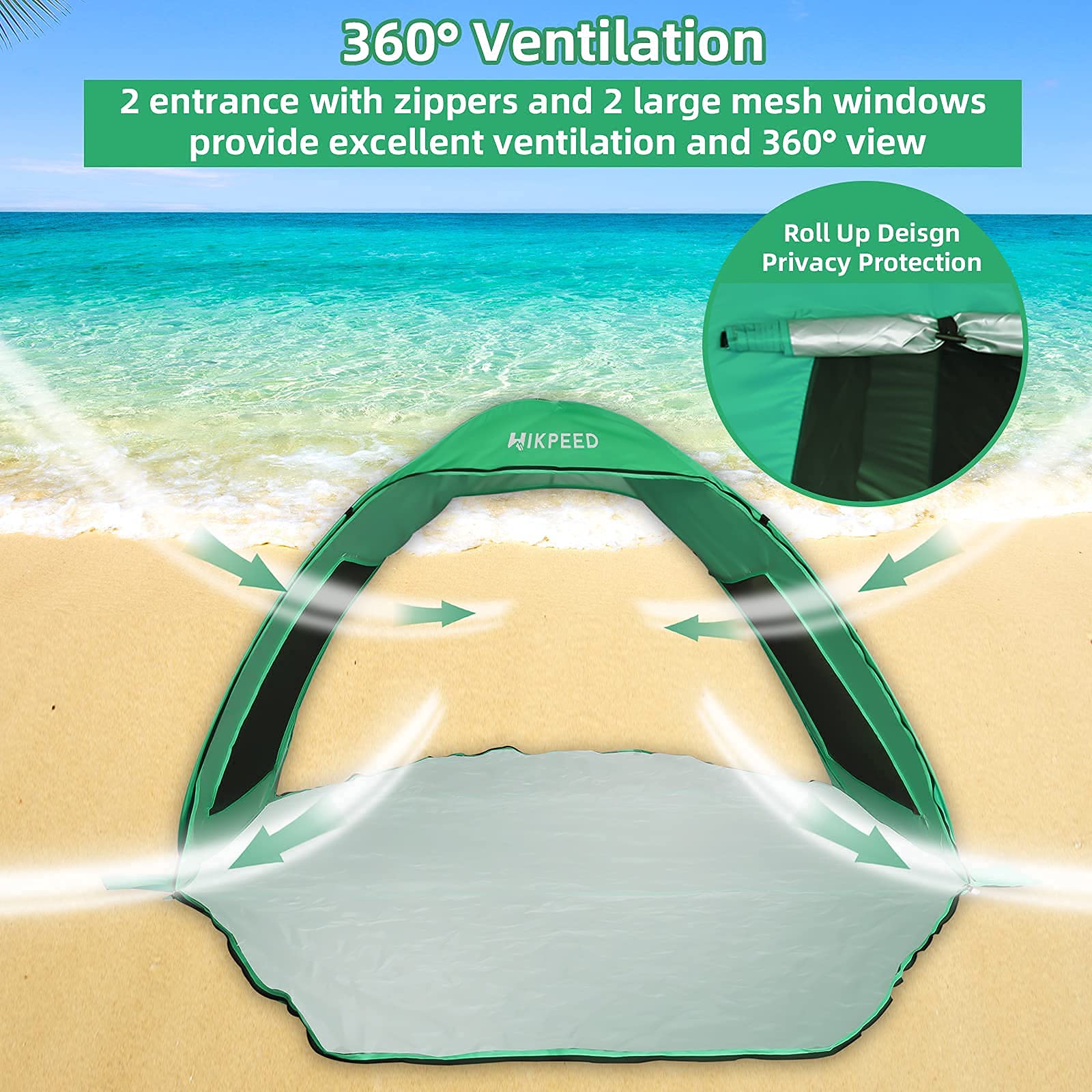 HIKPEED Pop Up Beach Tent for 3-4 Person, Beach Shade Sun Shelter - Beach Tent Pop Up Shade with 2 Doors, Portable Easy Set Up Beach Canopy, with Carry Bag & Stakes & Guy Lines