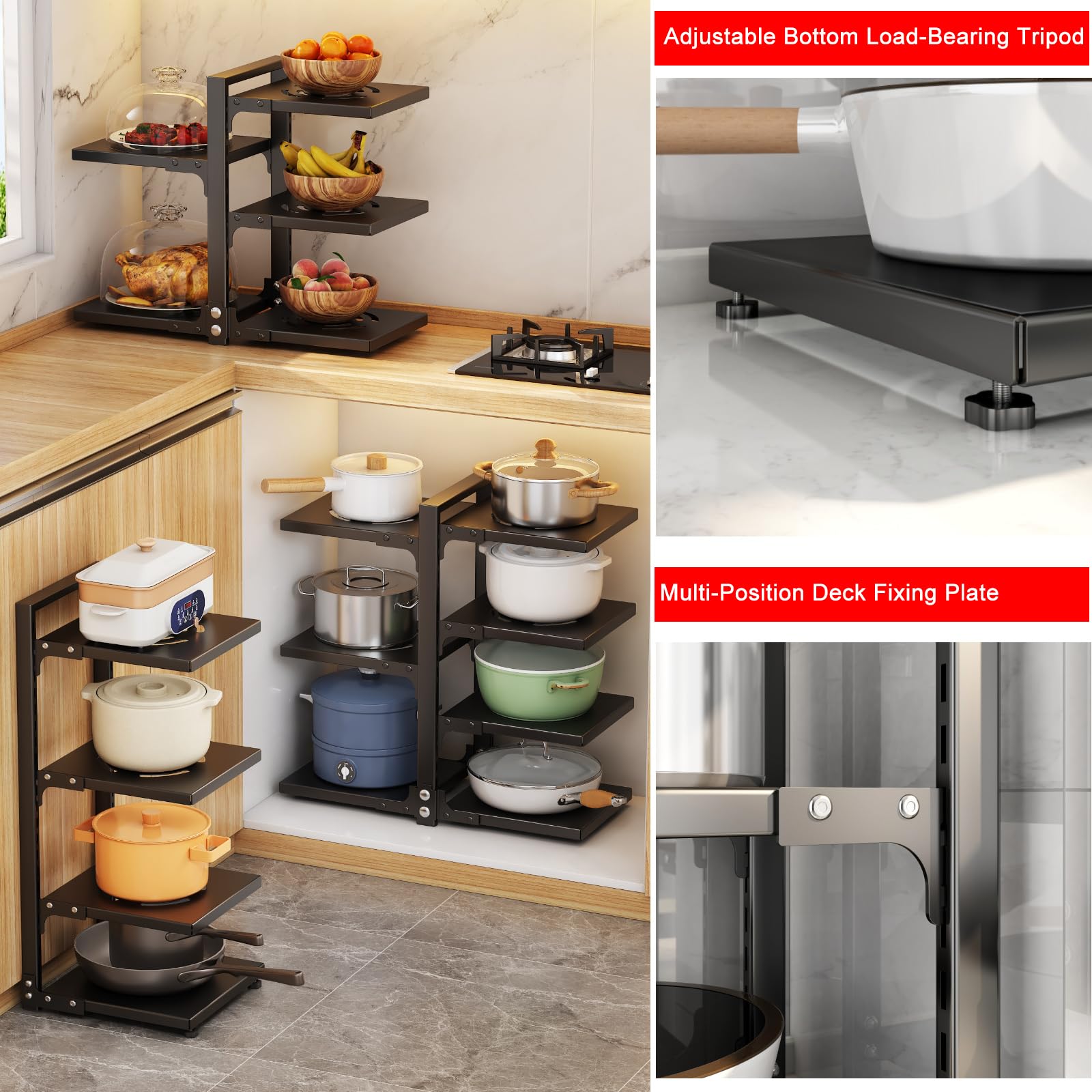 HAOWUJIN Adjustable 6-Tier Pots and Pans Organizer for Cabinet, Black, Iron
