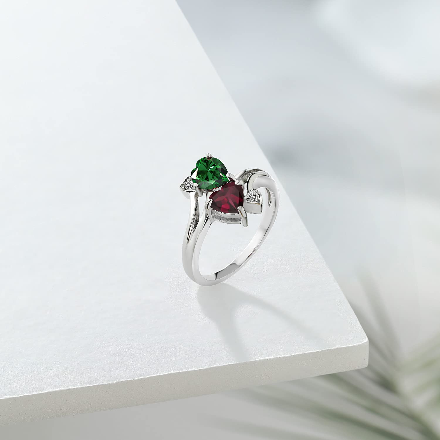Gem Stone King 925 Sterling Silver Green Nano Emerald Red Rhodolite Garnet and White Diamond Ring For Women (1.45 Cttw, Heart Shape 6MM, Gemstone May Birthstone, Available In Size 5, 6, 7, 8, 9)