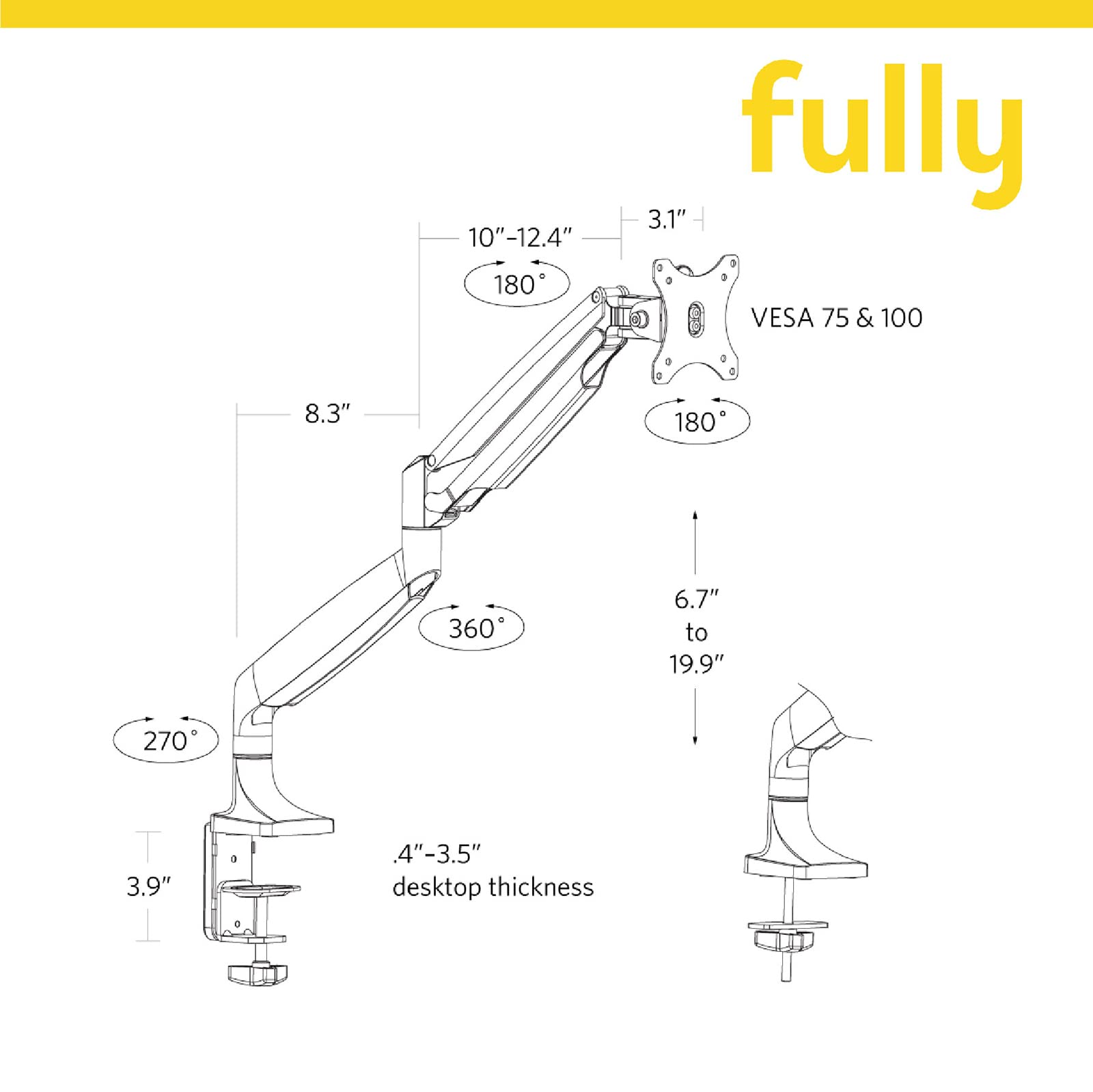 Fully Jarvis Monitor Mounting Arm - fits up to 32" Computer Display (Single, Black)