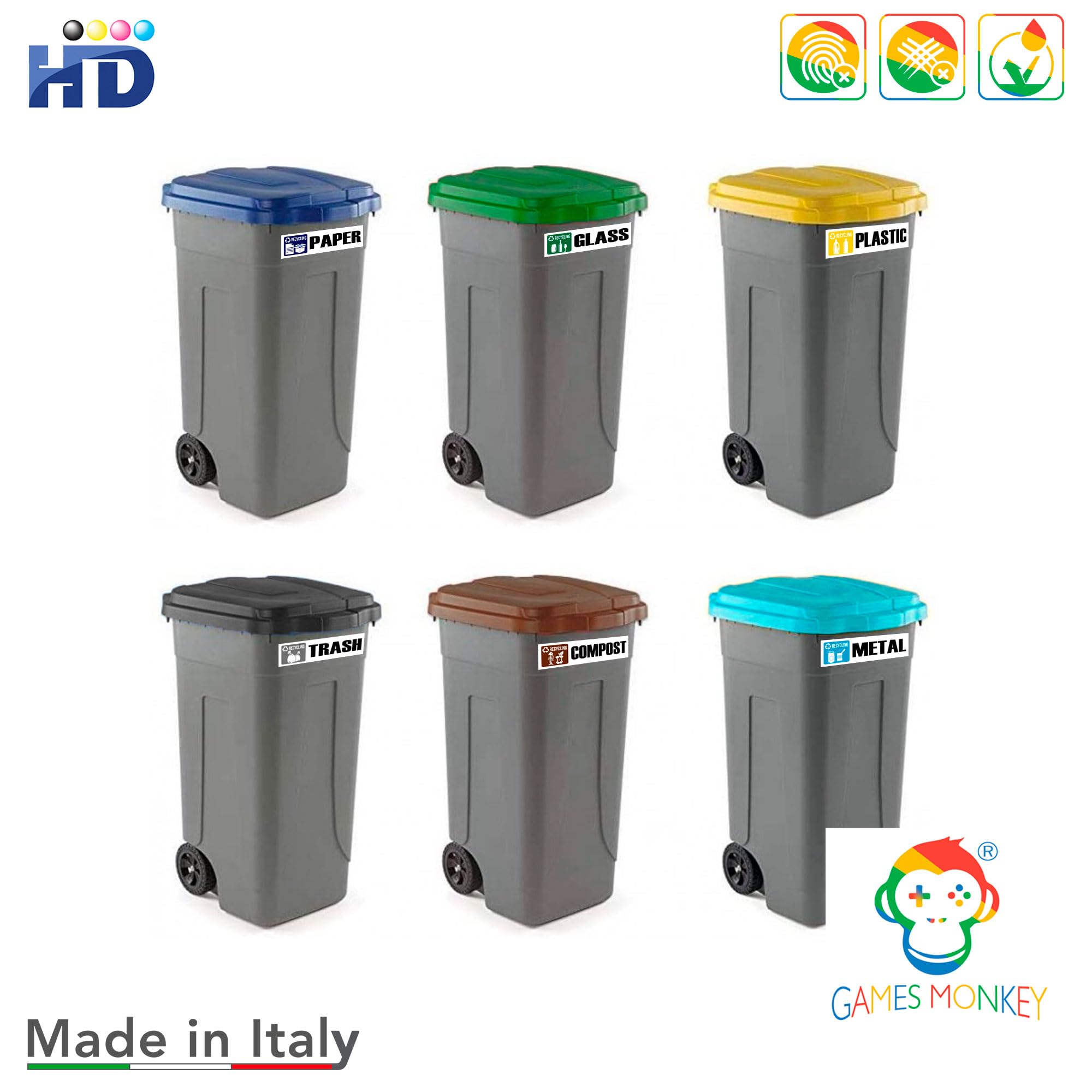 GamesMonkey® - Stickers Recycle for Trash Waste Bins Garbage Plastic Cans Compost Glass Metal Paper - Pack of 6 Adhesive - Vinyl Waterproof Washable Illustrated (5,9 in x 1,5 in - 15 cm x 4 cm, V1)