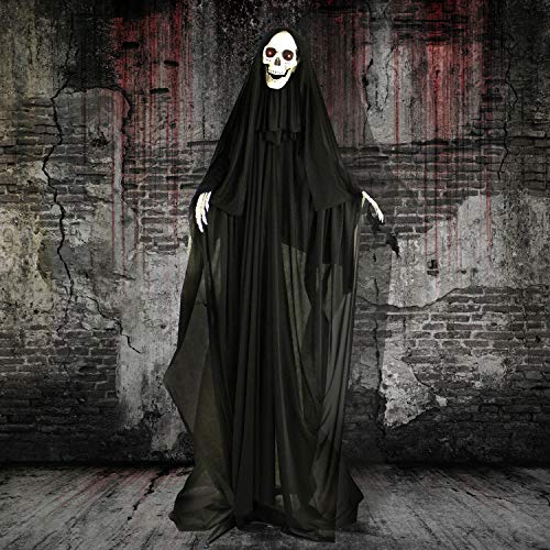 Haunted Hill Farm Life-Size Animatronic Reaper, Indoor/Outdoor Halloween Decoration, Light-up Red Eyes, Poseable, Battery-Operated